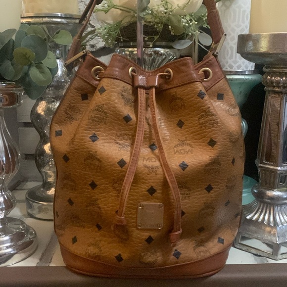 MCM | Bags | Mcm Visetos Cognac Leather Monogram Bucket Tote Crossbody ...